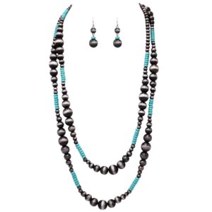 rosemarie collections women's extra long navajo pearl and turquoise howlite bead statement western endless strand necklace earrings set, 60" (metallic silver)