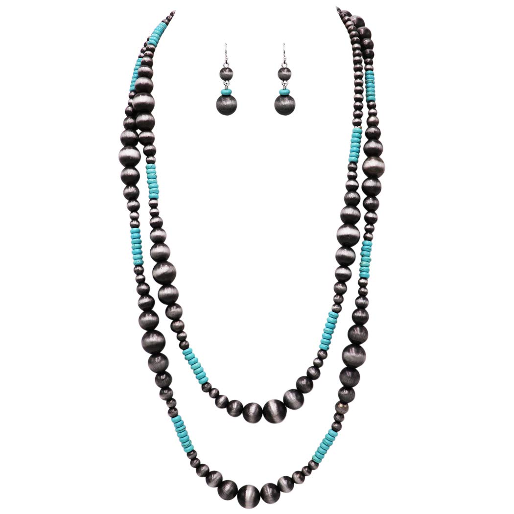 Rosemarie Collections Women's Extra Long Navajo Pearl And Turquoise Howlite Bead Statement Western Endless Strand Necklace Earrings Set, 60" (Metallic Silver)