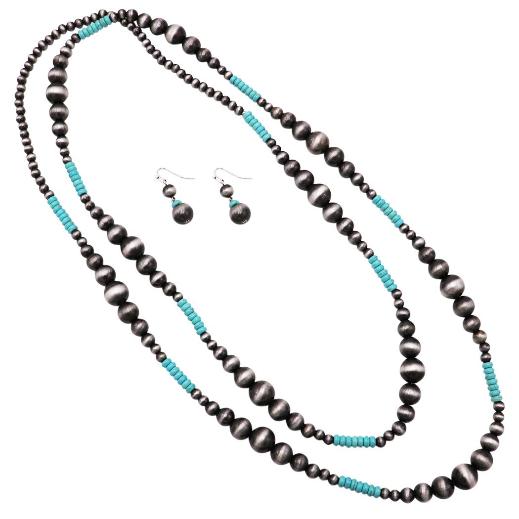 Rosemarie Collections Women's Extra Long Navajo Pearl And Turquoise Howlite Bead Statement Western Endless Strand Necklace Earrings Set, 60" (Metallic Silver)