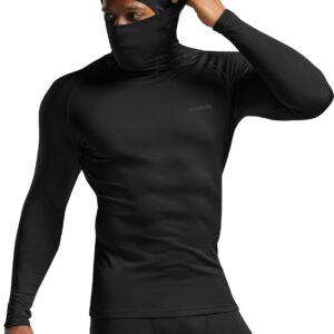 TSLA Men's Thermal Compression Shirts Hoodie with Mask, Long Sleeve Winter Sports Base Layer Top, Active Running Shirt, Heatlock Hoodie Black, Large