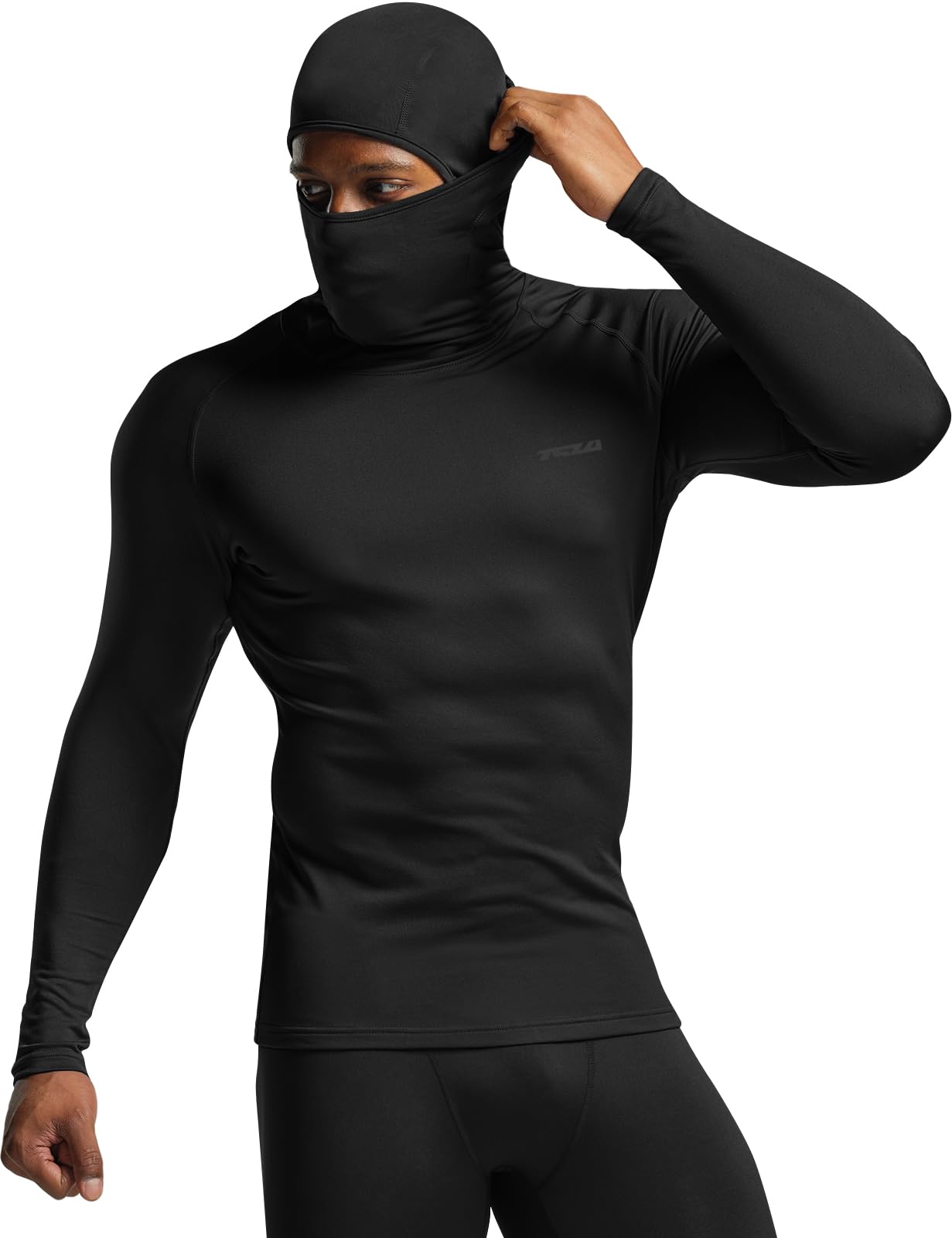 TSLA Men's Thermal Compression Shirts Hoodie with Mask, Long Sleeve Winter Sports Base Layer Top, Active Running Shirt, Heatlock Hoodie Black, Large