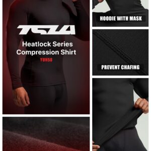 TSLA Men's Thermal Compression Shirts Hoodie with Mask, Long Sleeve Winter Sports Base Layer Top, Active Running Shirt, Heatlock Hoodie Black, Large