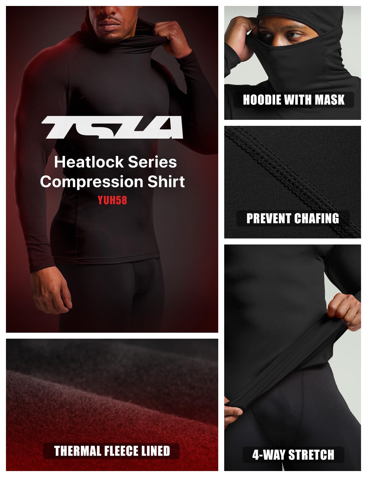 TSLA Men's Thermal Compression Shirts Hoodie with Mask, Long Sleeve Winter Sports Base Layer Top, Active Running Shirt, Heatlock Hoodie Black, Large