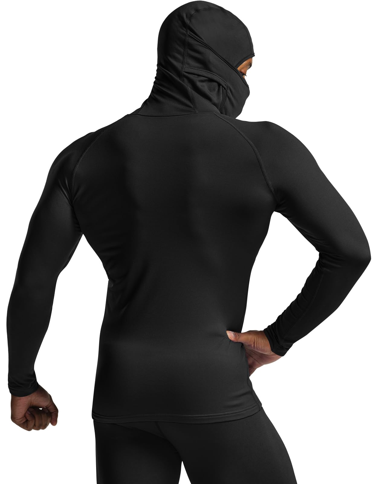 TSLA Men's Thermal Compression Shirts Hoodie with Mask, Long Sleeve Winter Sports Base Layer Top, Active Running Shirt, Heatlock Hoodie Black, Large