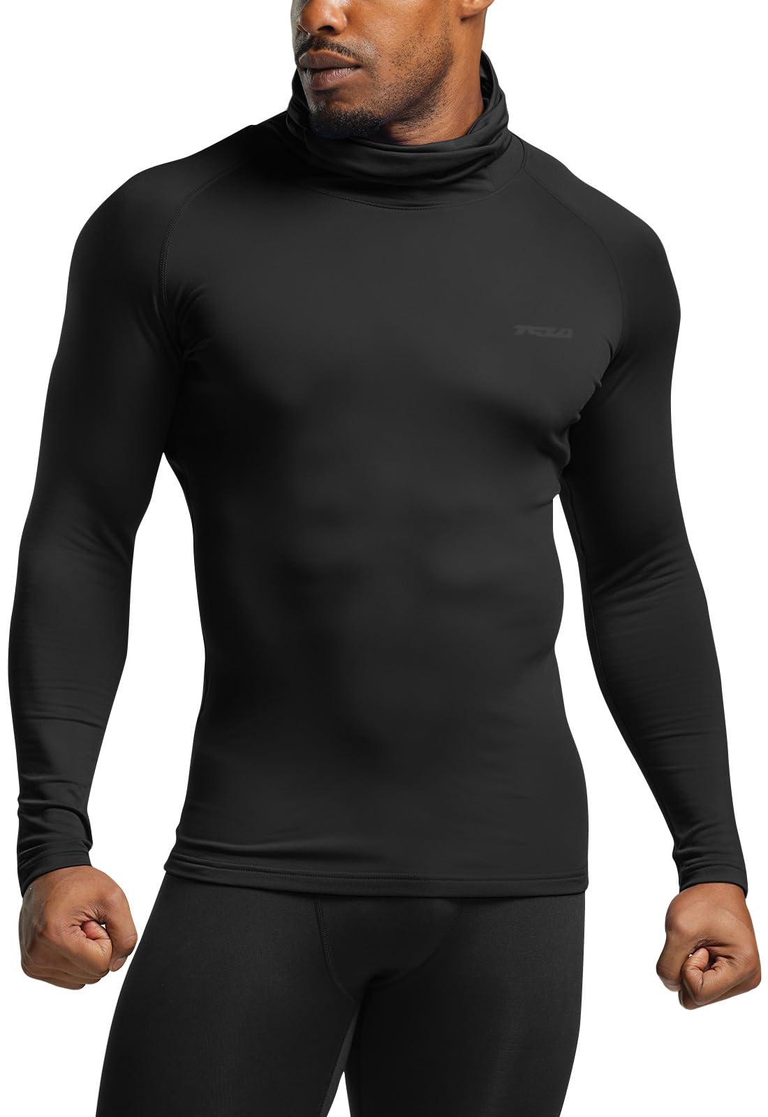 TSLA Men's Thermal Compression Shirts Hoodie with Mask, Long Sleeve Winter Sports Base Layer Top, Active Running Shirt, Heatlock Hoodie Black, Large