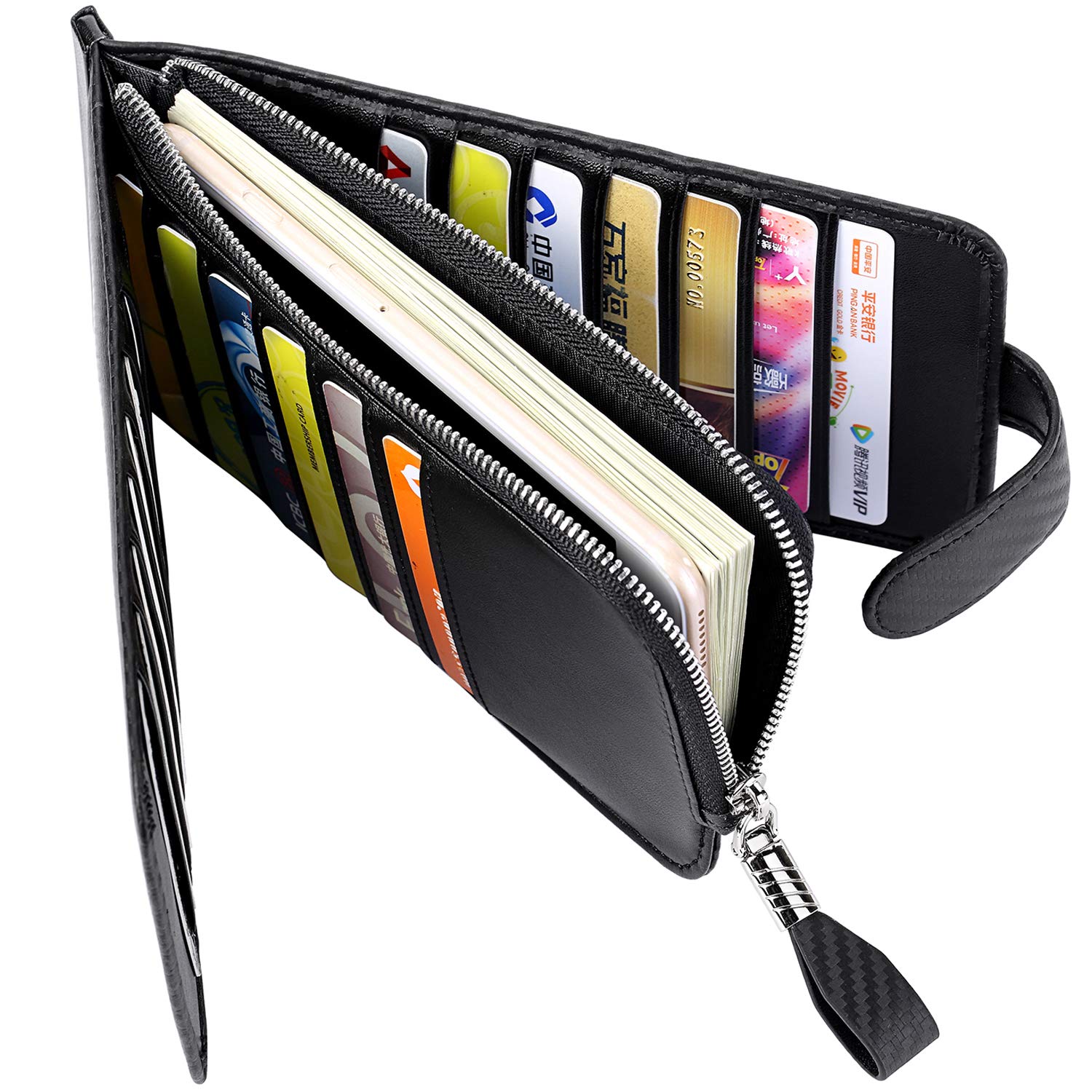 Huztencor Wallets for Men Women Slim RFID Blocking Genuine Leather Credit Card Holder Long Wallets Bifold Billfolds Passport Travel Wallet Checkbook Cover Carbon Fiber Black