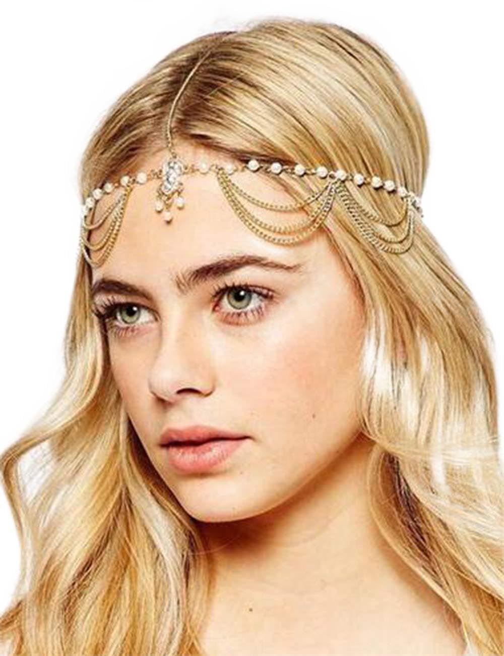 Chargances Women Head Chain Gold-tone Rhinestone Crystal Bridal Head Chain Wedding Hair Accessorie Indian Costume Jewelry Egyptian Headband Belly Dance or 1920s Fashion Style Party Headpiece for Women