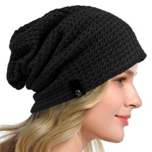 hisshe women's slouchy beanie knit beret skull cap baggy winter summer hat b08w (solid black)