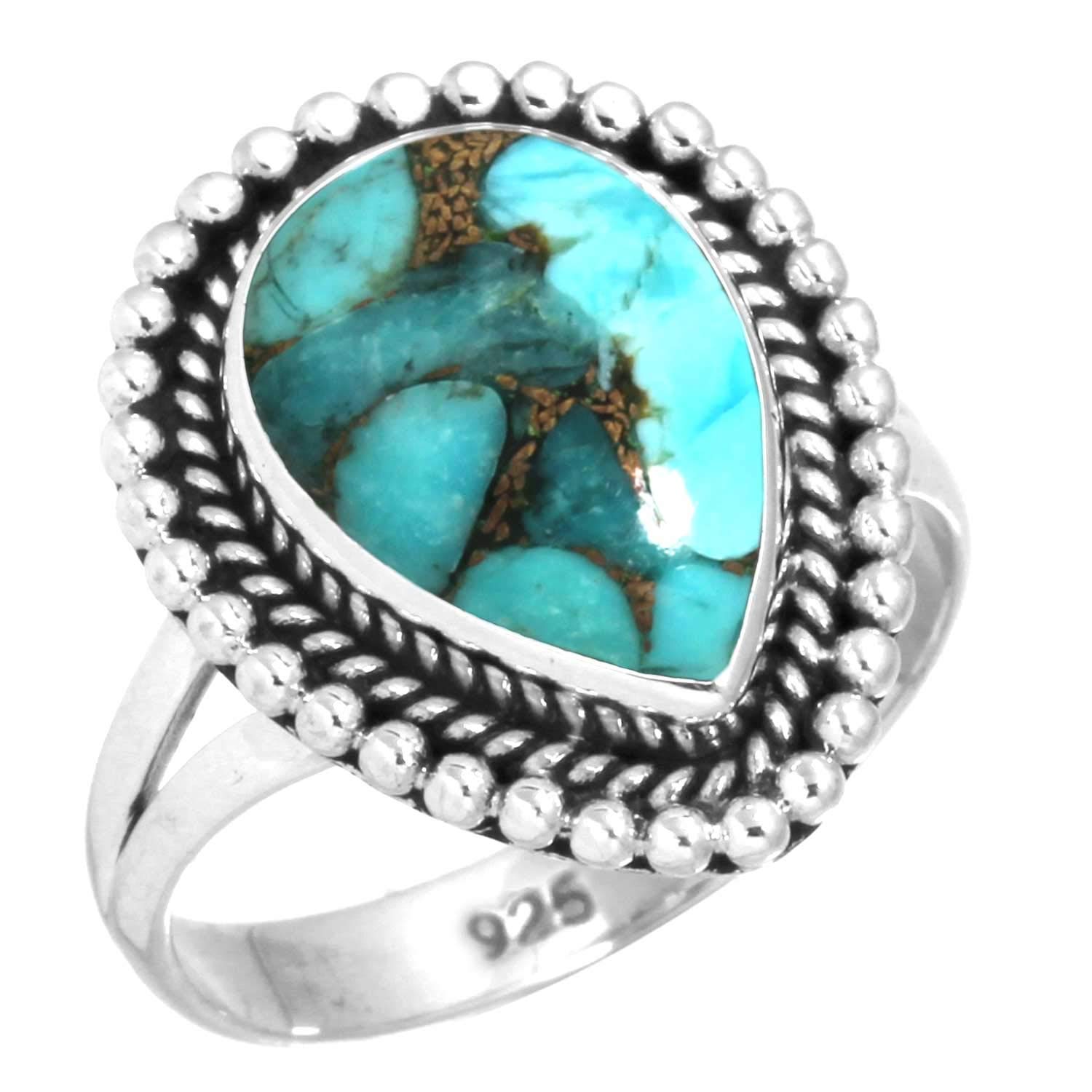 JEWELOPORIUM Copper Blue Turquoise 925 Sterling Silver Ring for Women Stone Handmade Silver Ring Size 9 Anniversary - Gift Cocktail Jewelry