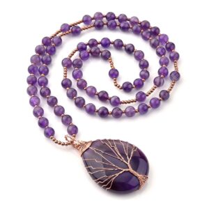 top plaza healing crystal amethyst necklace natural stone beads tree life wire wrapped teardrop gemstone pendant jewelry for women for mom