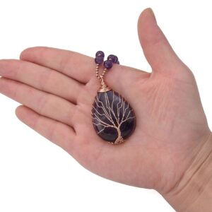 Top Plaza Healing Crystal Amethyst Necklace Natural Stone Beads Tree Life Wire Wrapped Teardrop Gemstone Pendant Jewelry for Women for Mom