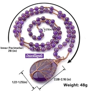 Top Plaza Healing Crystal Amethyst Necklace Natural Stone Beads Tree Life Wire Wrapped Teardrop Gemstone Pendant Jewelry for Women for Mom