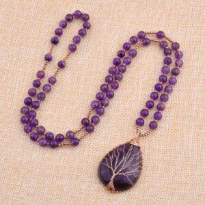 Top Plaza Healing Crystal Amethyst Necklace Natural Stone Beads Tree Life Wire Wrapped Teardrop Gemstone Pendant Jewelry for Women for Mom