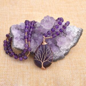 Top Plaza Healing Crystal Amethyst Necklace Natural Stone Beads Tree Life Wire Wrapped Teardrop Gemstone Pendant Jewelry for Women for Mom