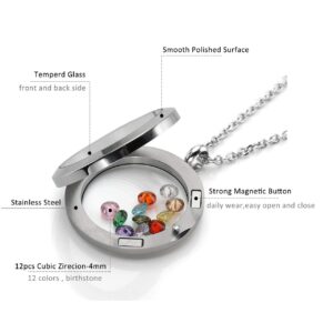 PiercingJ Living Memory Floating Locket Pendant Necklace Polished Round Stainless Steel Memorial Keepsake Glass Locket Necklace for Women, Free 12pcs Cubic Zirconia Birthstone