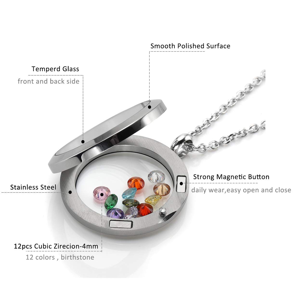 PiercingJ Living Memory Floating Locket Pendant Necklace Polished Round Stainless Steel Memorial Keepsake Glass Locket Necklace for Women, Free 12pcs Cubic Zirconia Birthstone