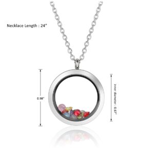 PiercingJ Living Memory Floating Locket Pendant Necklace Polished Round Stainless Steel Memorial Keepsake Glass Locket Necklace for Women, Free 12pcs Cubic Zirconia Birthstone