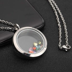 PiercingJ Living Memory Floating Locket Pendant Necklace Polished Round Stainless Steel Memorial Keepsake Glass Locket Necklace for Women, Free 12pcs Cubic Zirconia Birthstone