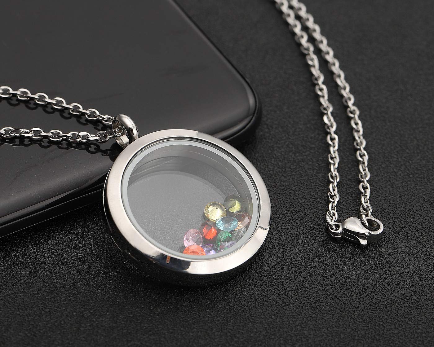 PiercingJ Living Memory Floating Locket Pendant Necklace Polished Round Stainless Steel Memorial Keepsake Glass Locket Necklace for Women, Free 12pcs Cubic Zirconia Birthstone