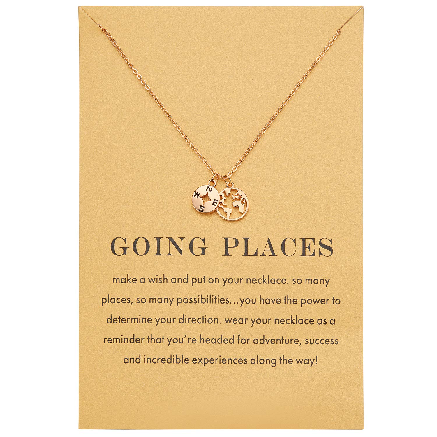 Zealmer Dainty Yellow Gold Plated Compass World Map Pendant Necklace Graduation Gift for Friends