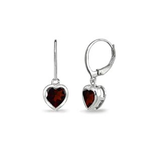 valentines day earrings for women 6mm bezel heart genuine gemstone sterling silver dainty leverback garnet dangle earring