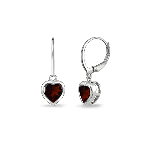 Valentines Day Earrings for Women 6mm Bezel Heart Genuine Gemstone Sterling Silver Dainty Leverback Garnet Dangle Earring