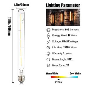 Leools Vintage LED Filament Bulb T300, 6W Dimmable T10 Edison Light Bulb Long Tubular Antique LED Light,E26 Base,Clear Glass,Warm White,2700K, 600LM(60W Equivalent),11.81in(300mm), Pack of 4