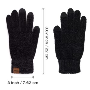 ViGrace Winter Touchscreen Gloves for Women Chenille Warm Cable Knit with 3 Touch Screen Fingers Texting Driving Elastic Cuff Thermal Glove Black,Large