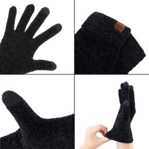 ViGrace Winter Touchscreen Gloves for Women Chenille Warm Cable Knit with 3 Touch Screen Fingers Texting Driving Elastic Cuff Thermal Glove Black,Large