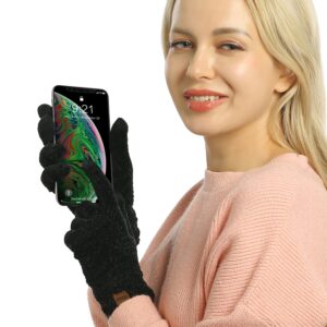 ViGrace Winter Touchscreen Gloves for Women Chenille Warm Cable Knit with 3 Touch Screen Fingers Texting Driving Elastic Cuff Thermal Glove Black,Large