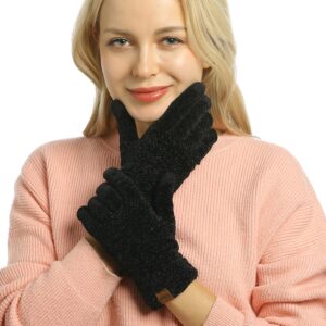 ViGrace Winter Touchscreen Gloves for Women Chenille Warm Cable Knit with 3 Touch Screen Fingers Texting Driving Elastic Cuff Thermal Glove Black,Large