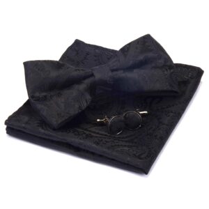 gusleson black paisley bow tie wedding pre-tied silk bowties and pocket square cufflink set(0581-01)