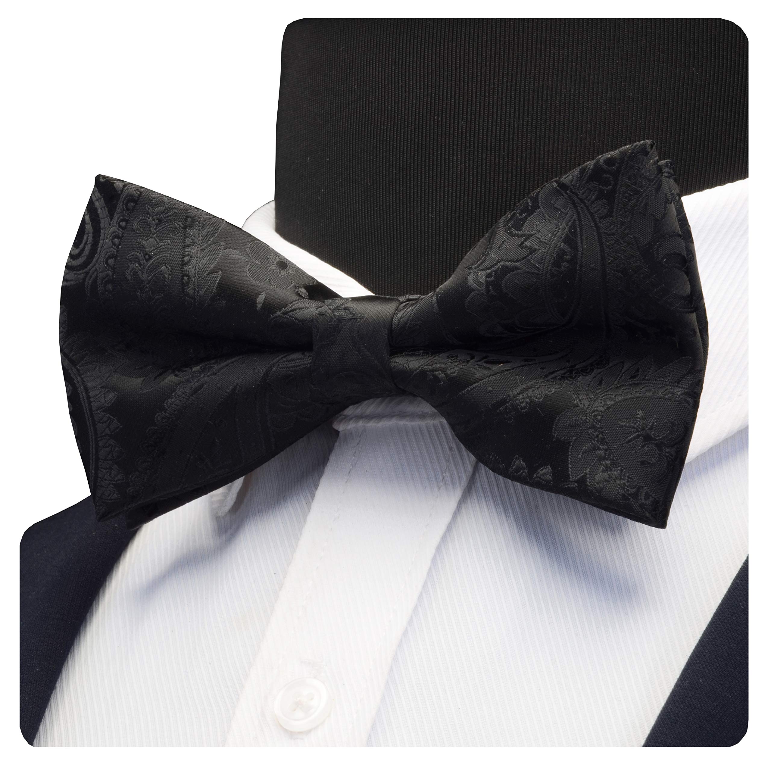 GUSLESON Black Paisley Bow Tie Wedding Pre-tied Silk BowTies and Pocket Square Cufflink Set(0581-01)