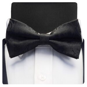 GUSLESON Black Paisley Bow Tie Wedding Pre-tied Silk BowTies and Pocket Square Cufflink Set(0581-01)