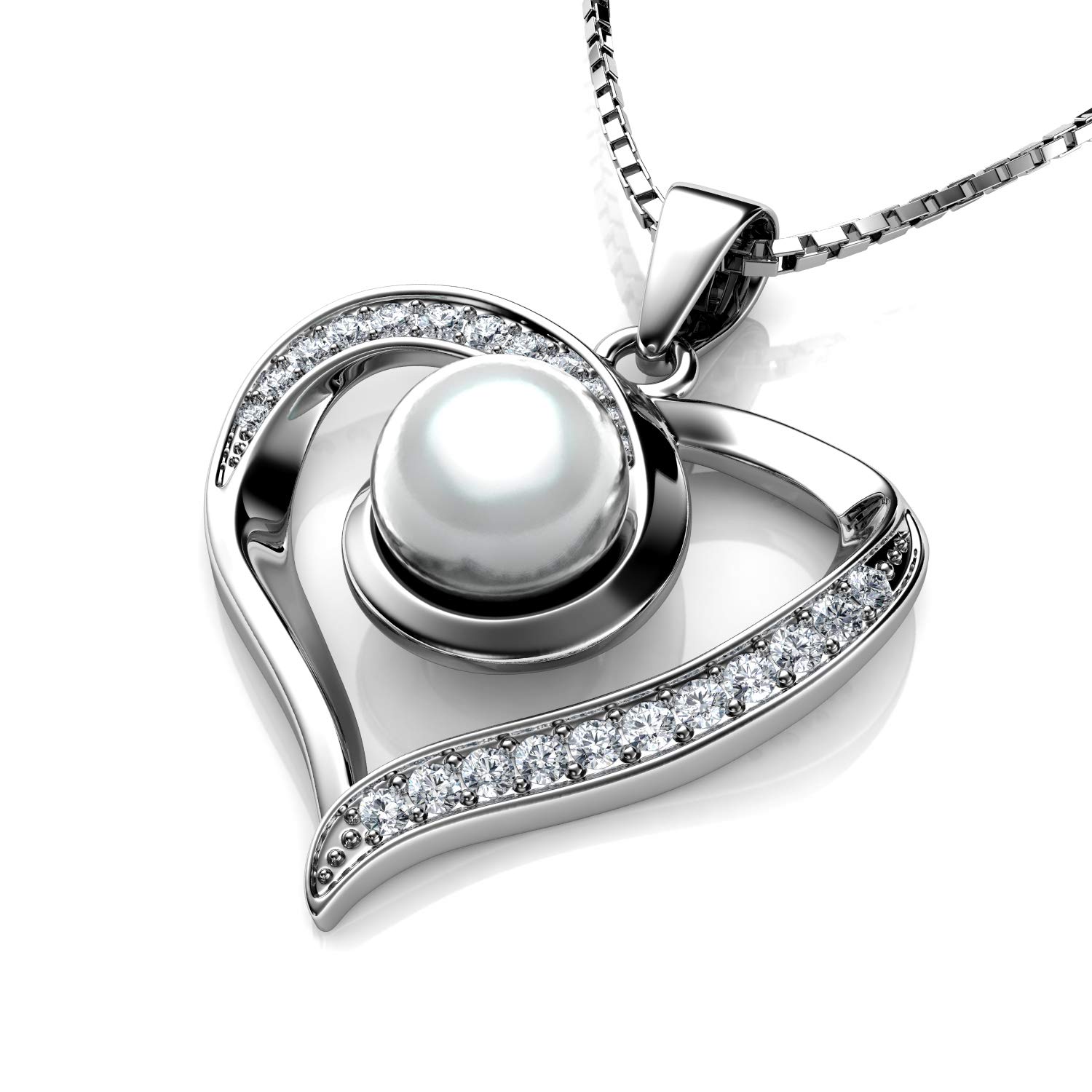 DEPHINI - Real Pearl Necklace Woman Heart Pendant Cubic Zirconia 925 Sterling Silver Rhodium plating 45cm Sterling Silver Chain Fine Jewellery Box - Gifts for Women