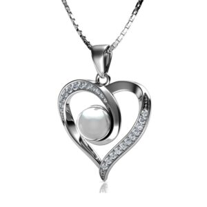 DEPHINI - Real Pearl Necklace Woman Heart Pendant Cubic Zirconia 925 Sterling Silver Rhodium plating 45cm Sterling Silver Chain Fine Jewellery Box - Gifts for Women