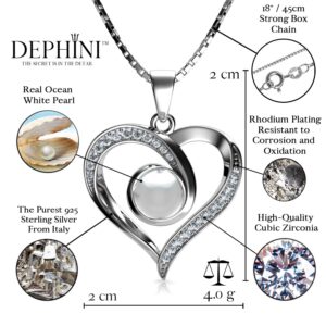 DEPHINI - Real Pearl Necklace Woman Heart Pendant Cubic Zirconia 925 Sterling Silver Rhodium plating 45cm Sterling Silver Chain Fine Jewellery Box - Gifts for Women