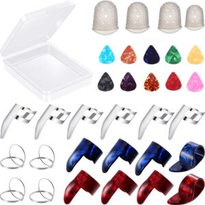 34 pieces guitar accessory kit including 18 pieces finger picks thumb picks, 12 pieces guitar picks and 4 pieces guitar finger protectors with clear storage box