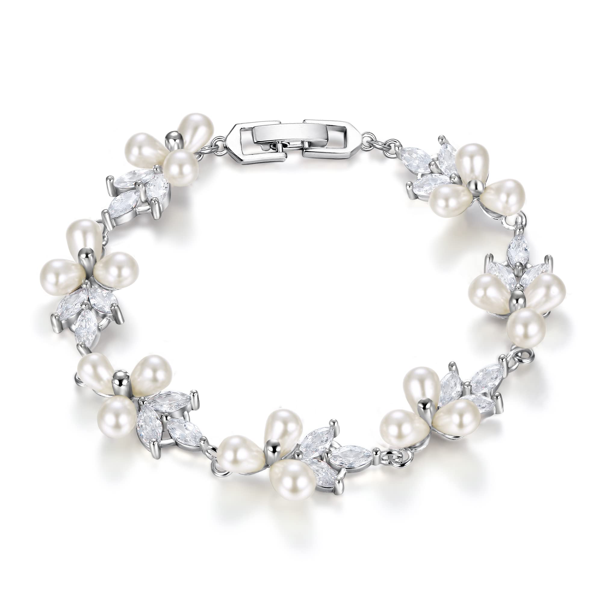 EVER FAITH Women's CZ Cream Simulated Pearl Floral Leaf Wedding Bride Tennis Bracelet White Silver-Tone