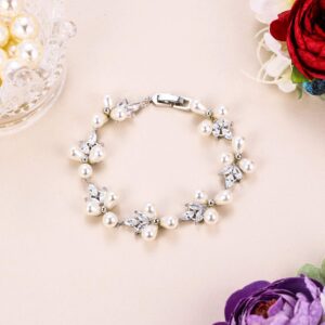 EVER FAITH Women's CZ Cream Simulated Pearl Floral Leaf Wedding Bride Tennis Bracelet White Silver-Tone