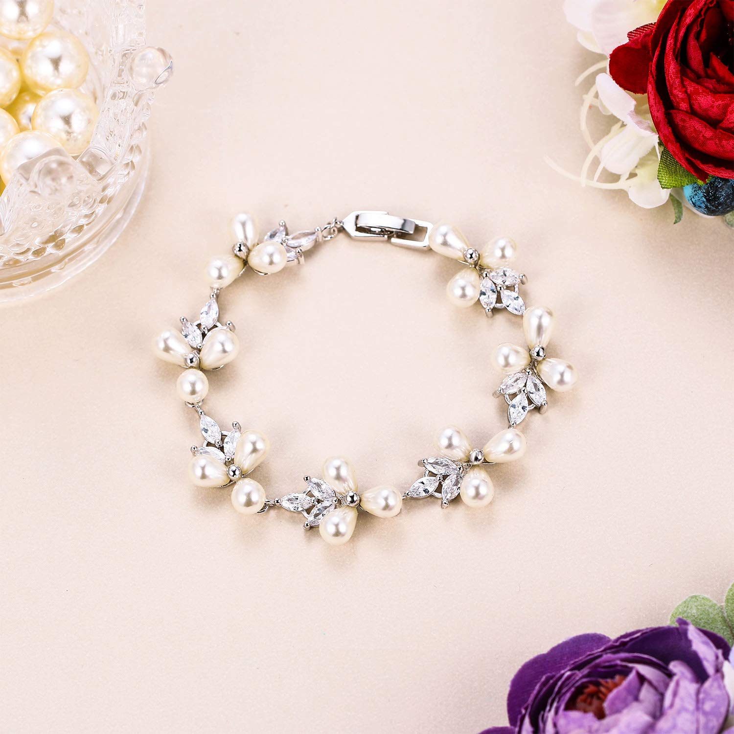 EVER FAITH Women's CZ Cream Simulated Pearl Floral Leaf Wedding Bride Tennis Bracelet White Silver-Tone