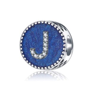 alphabet a-z cubic stone charms solid 925 sterling silver blue ocean letter beads for pandora snake chain bracelet (letter j)