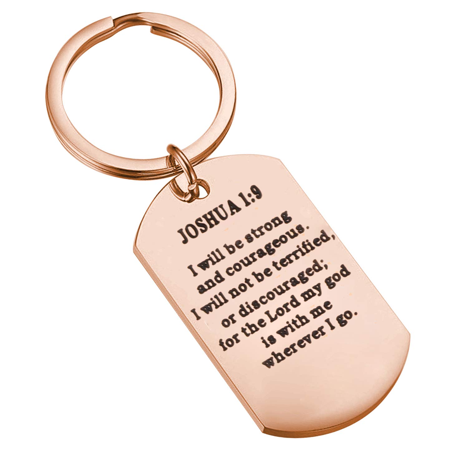 BEKECH Joshua 1:9 Bible Verse Keychain I Will Be Strong And Courageous Dog Tag Keychain Religious Jewelry Christian Keyring Gift (rose gold)