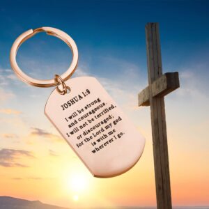 BEKECH Joshua 1:9 Bible Verse Keychain I Will Be Strong And Courageous Dog Tag Keychain Religious Jewelry Christian Keyring Gift (rose gold)