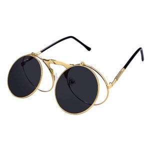 luojery retro round 80's flip up steampunk sunglasses mirror vintage circle sun glasses eyewear for men women (gold frame grey lens, as the picture)