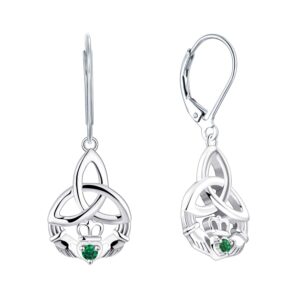 jo wisdom women claddagh earrings,925 sterling silver irish celtic claddagh love heart drop & dangle leverback earrings with green emerald