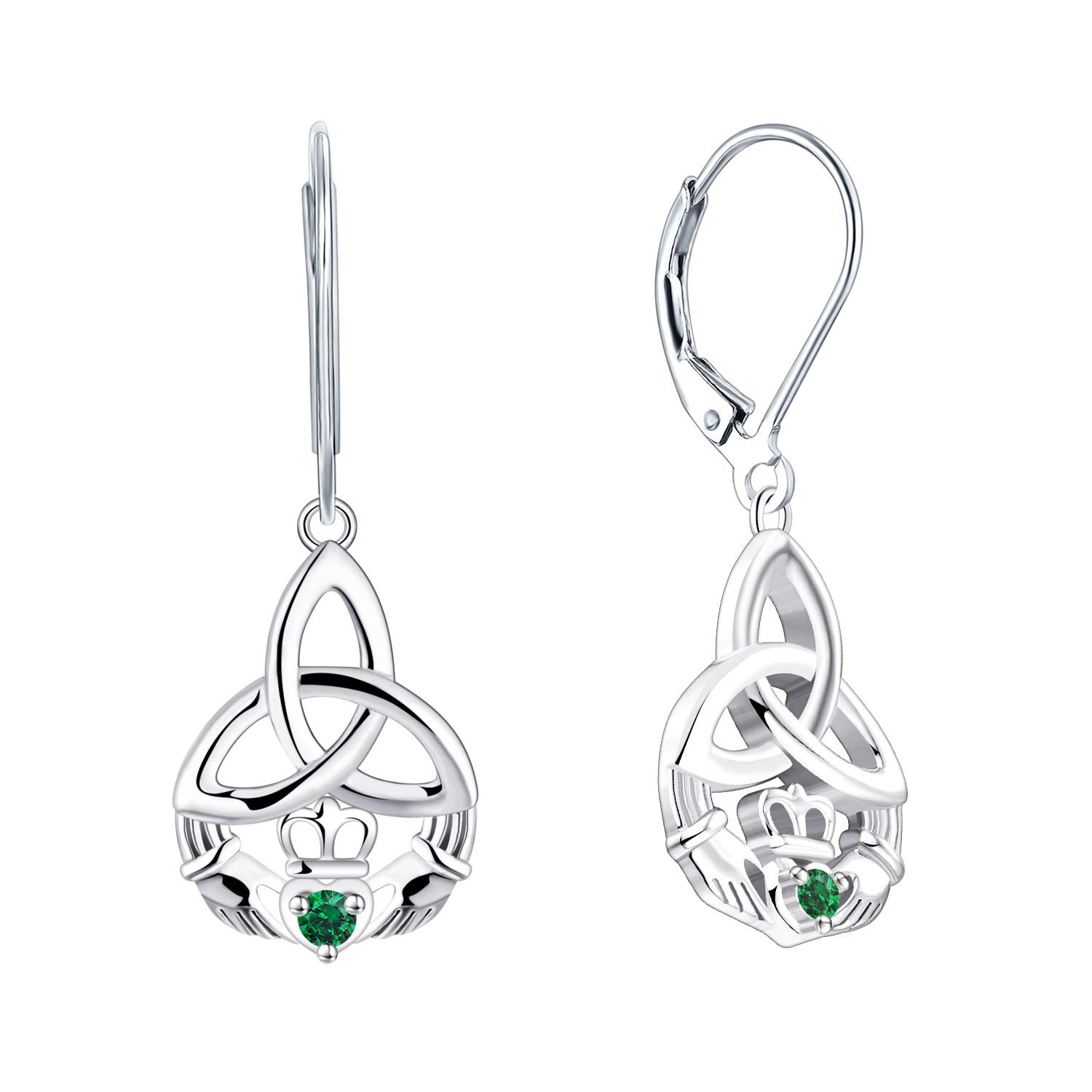 JO WISDOM Women Claddagh Earrings,925 Sterling Silver Irish Celtic Claddagh Love Heart Drop & Dangle Leverback Earrings with Green Emerald