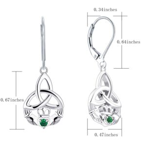 JO WISDOM Women Claddagh Earrings,925 Sterling Silver Irish Celtic Claddagh Love Heart Drop & Dangle Leverback Earrings with Green Emerald