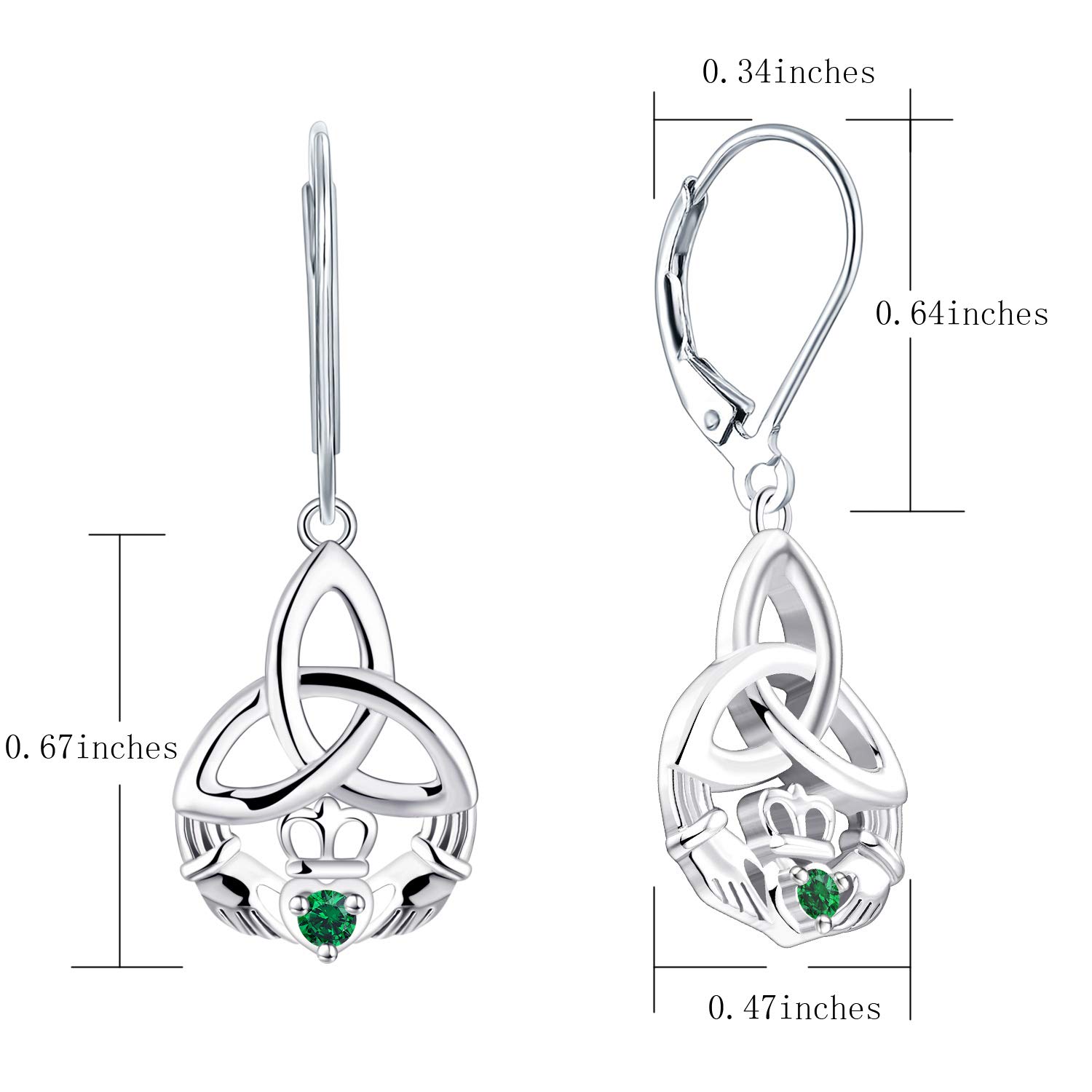 JO WISDOM Women Claddagh Earrings,925 Sterling Silver Irish Celtic Claddagh Love Heart Drop & Dangle Leverback Earrings with Green Emerald