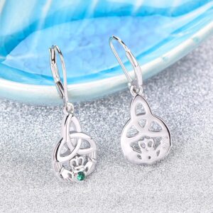 JO WISDOM Women Claddagh Earrings,925 Sterling Silver Irish Celtic Claddagh Love Heart Drop & Dangle Leverback Earrings with Green Emerald